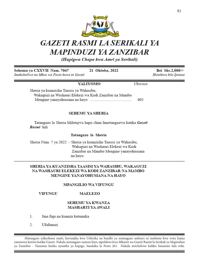 TZ ZNZ Government Gazette Dated 2022 10 21 No 7047 | PDF