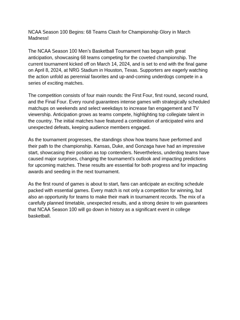 NCAA Season 100 Begins - 68 Teams Clash For Championship Glory in March ...