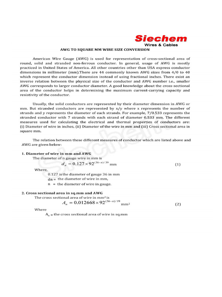Awg To SQMM Conversion | PDF