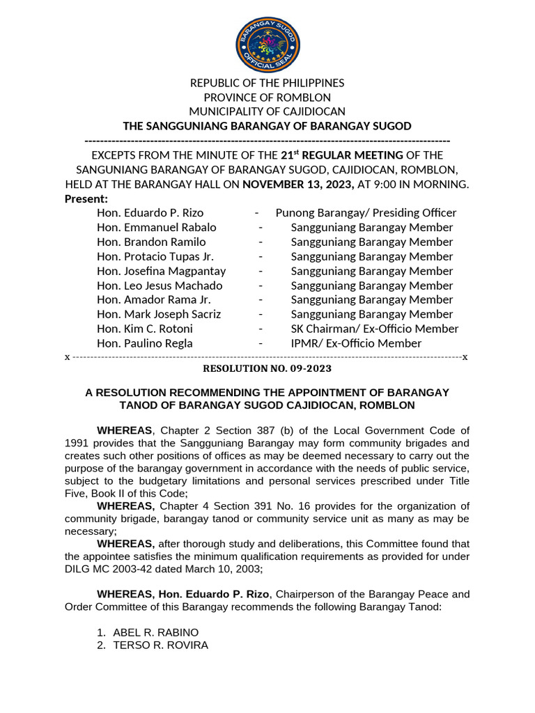 Barangay Sugod Tanod Appointment 2023 | PDF
