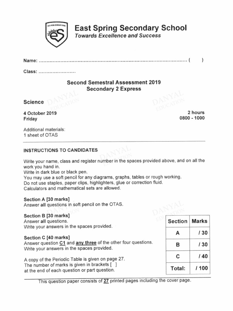 East Spring Secondary Science Assessment 2019 | PDF | Chemical Elements ...