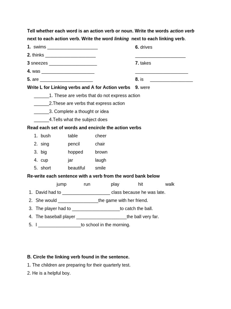 Linking Verbs and Action Verbs Worksheet | PDF