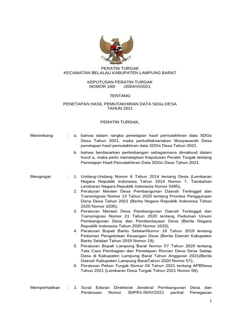 SK Penetapan Data SDGs Desa 2021 | PDF