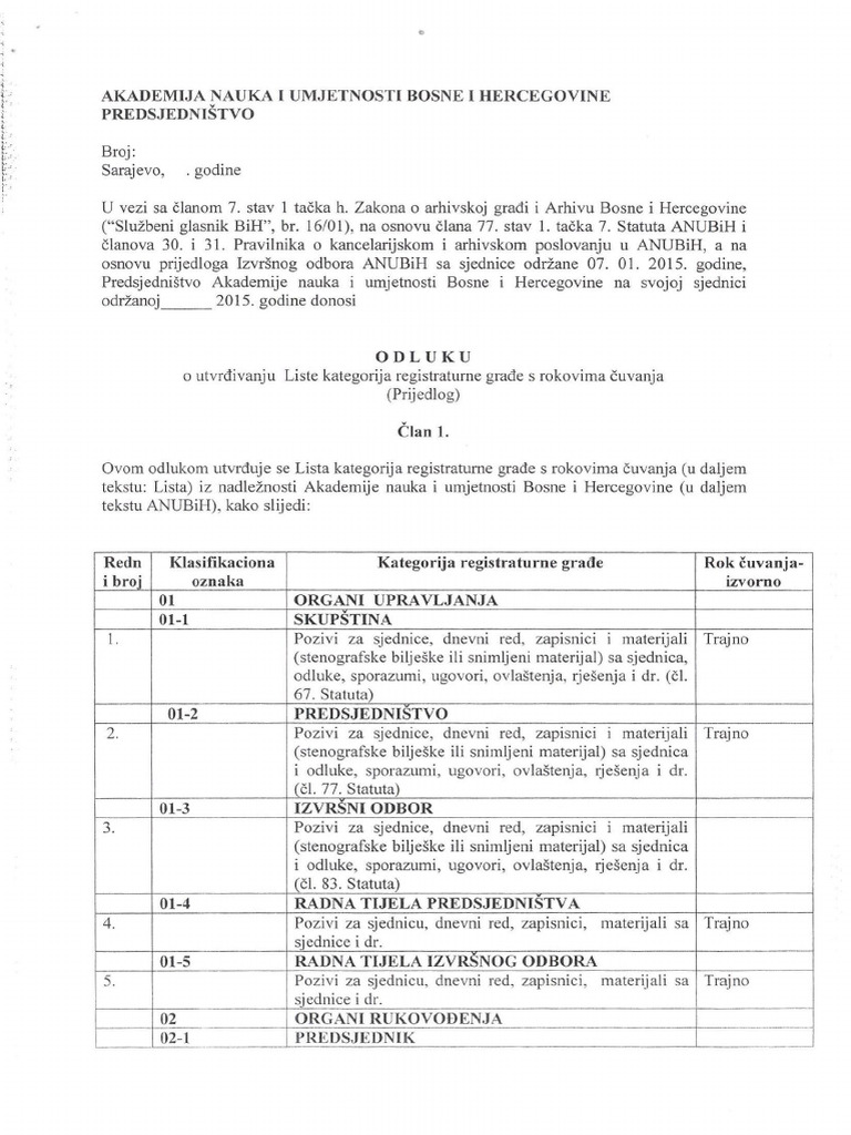 Odluka o Utvrđivanju Liste Kategorija Registraturne Građe | PDF