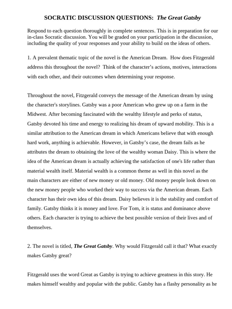 2020 Socratic Questions | PDF | The Great Gatsby | American Dream