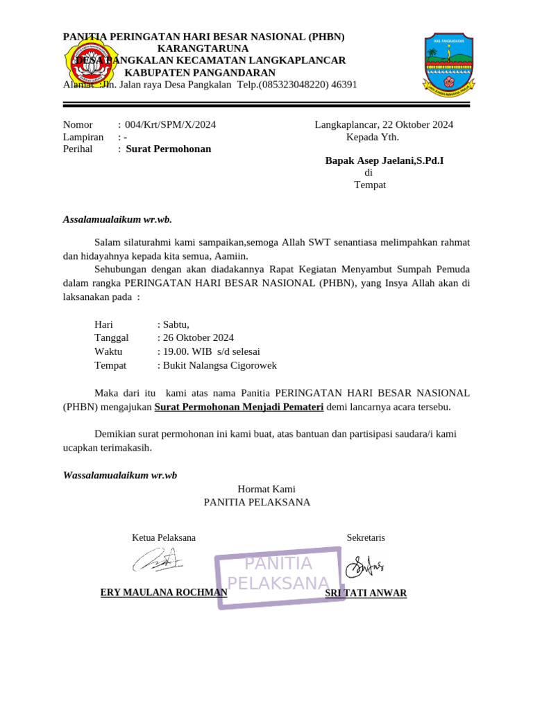 Surat Permohonan Pemateri Pak Asep Jaelani - 110254 | PDF