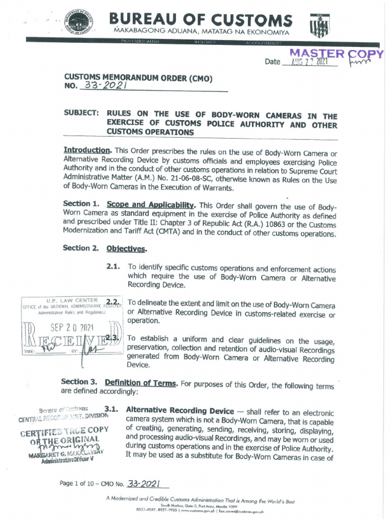 Cmo-33-2021-Rules On The Use of Body-Worn Cameras in The Exercise of ...