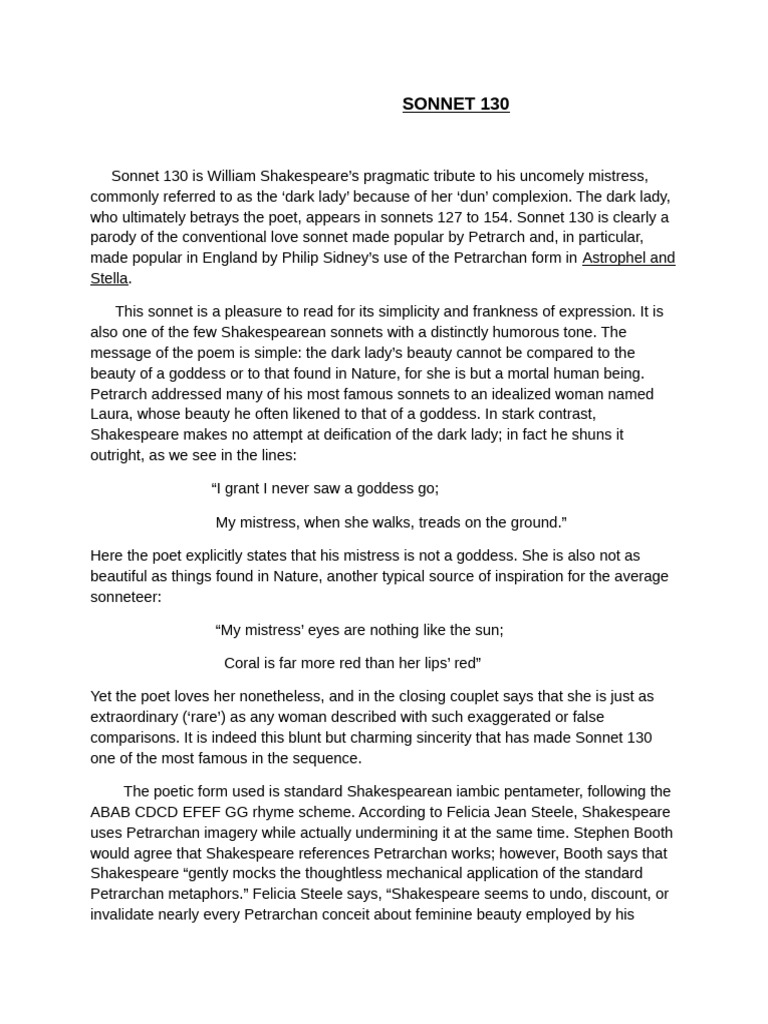 Shakespeare's Sonnet 130 Analysis | PDF | Poems | Literary Criticism