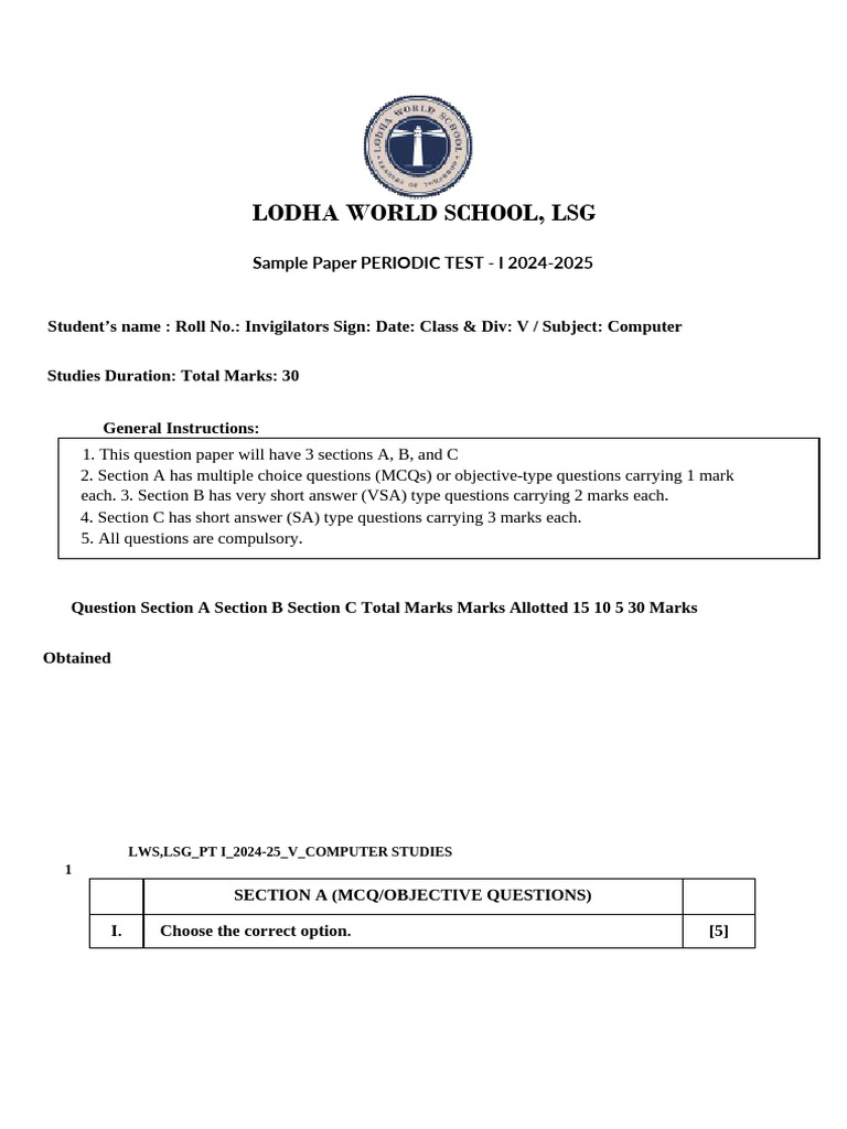 Sample Paper - PTI - V - COMPUTER STUDIES QP - 24-25 | PDF | Multiple ...