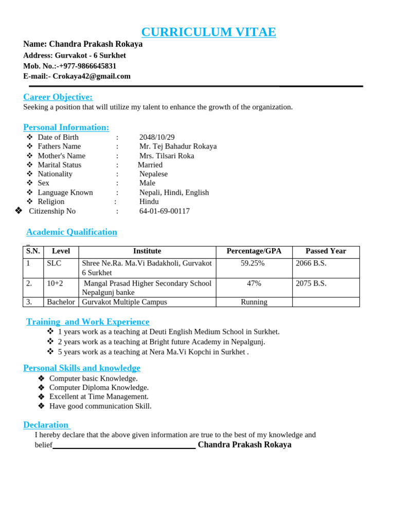 Chandra Prakash Rokaya CV | PDF | Wellness