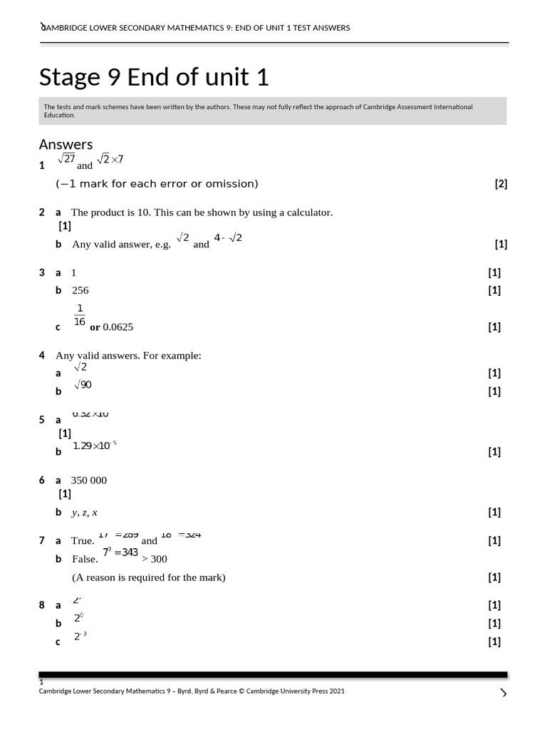 Cambridge Math 9 Unit 1 Test Answers | PDF