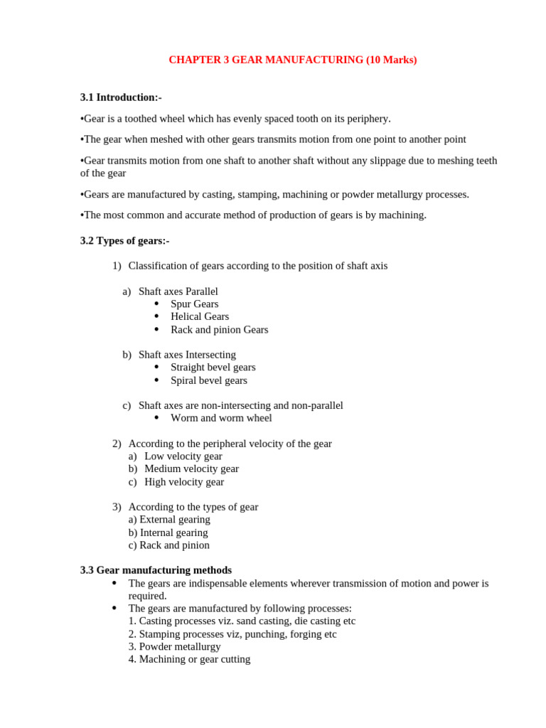 CHAPTER 3 GEAR Manufacturing Notes | PDF | Gear | Machines