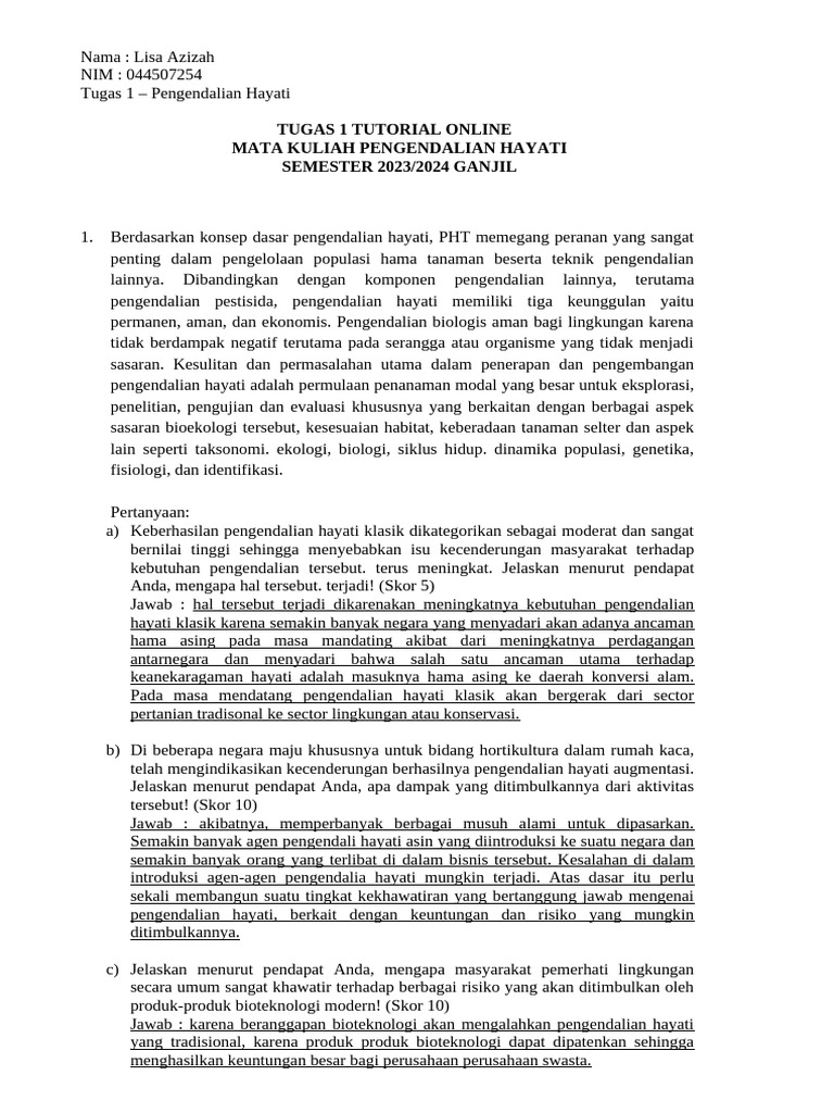 Tugas 1 - Pengendalian Hayati - 2023.2 | PDF | Sains & Matematika