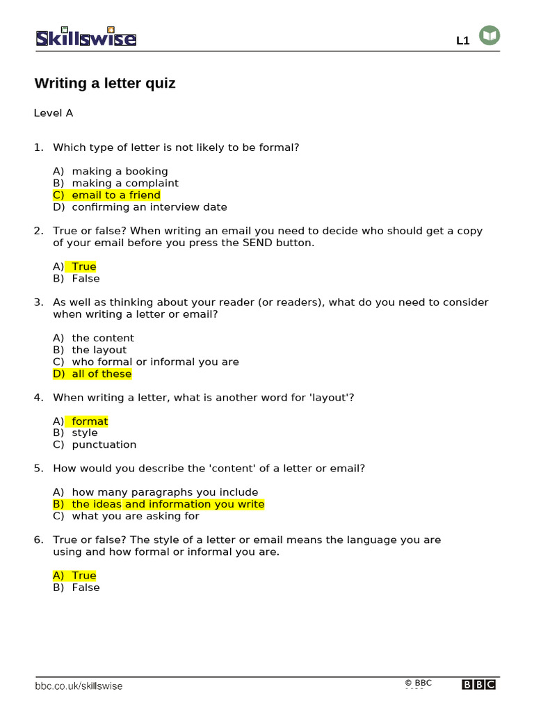 Emails Ans Letters Quiz | PDF | Human Communication