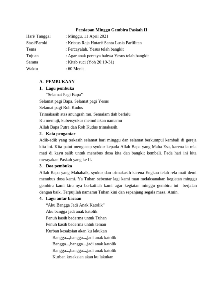 Pertemuan 10-Contoh Persiapan Katekese PAUD Minggu Gembira | PDF