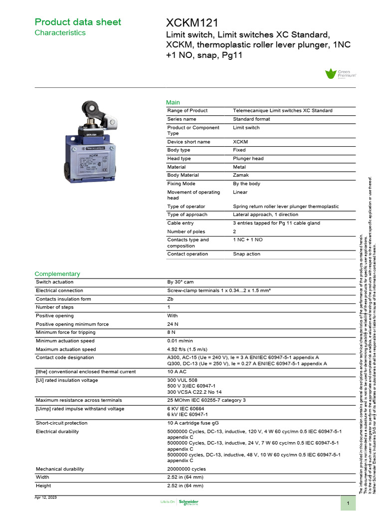 XCKM121 Limit Switch Data Sheet | PDF | Switch | Electromagnetism