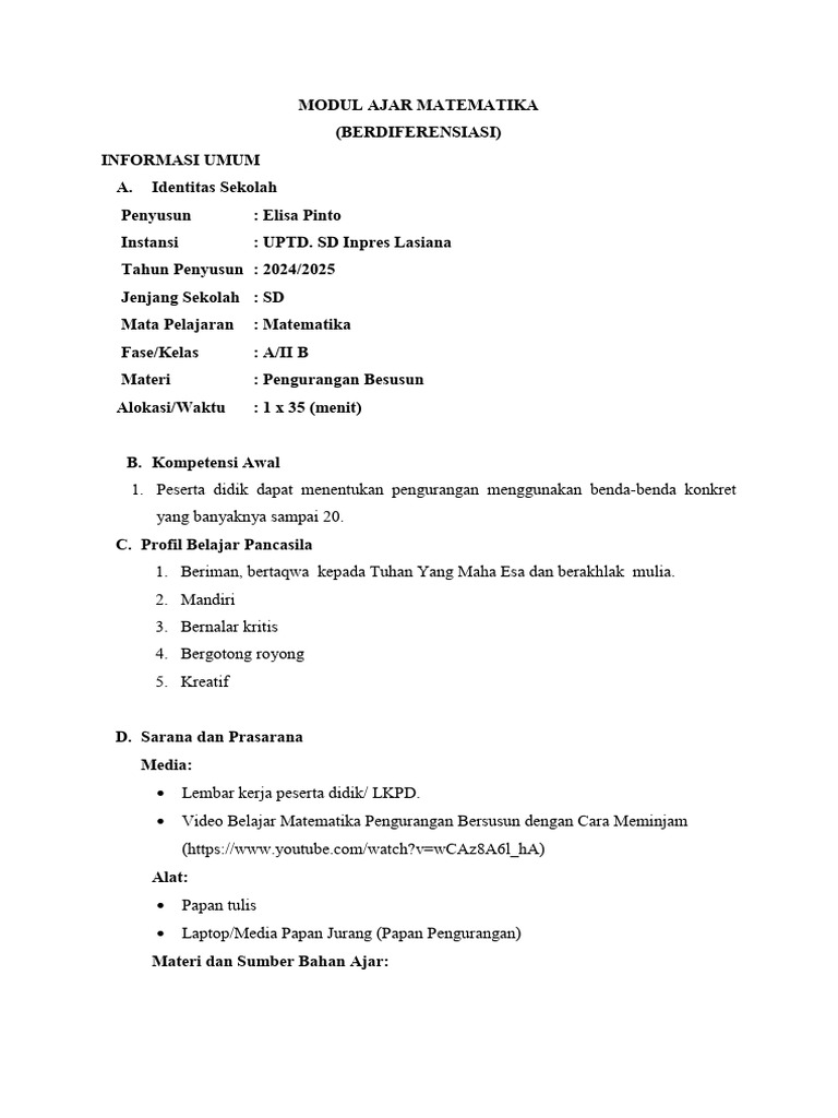 Modul Ajar Pengurangan Bersusun Kelas 2 | PDF