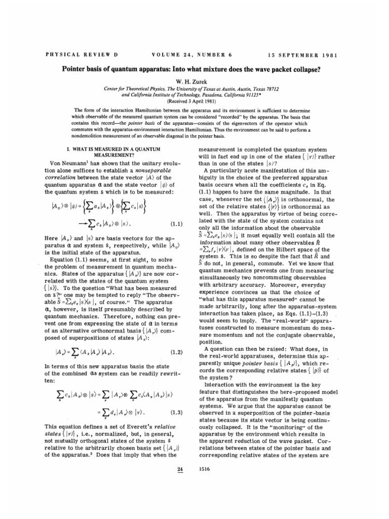 Pointer Basis of Quantum Apparatus | PDF | Spin (Physics) | Quantum Mechanics