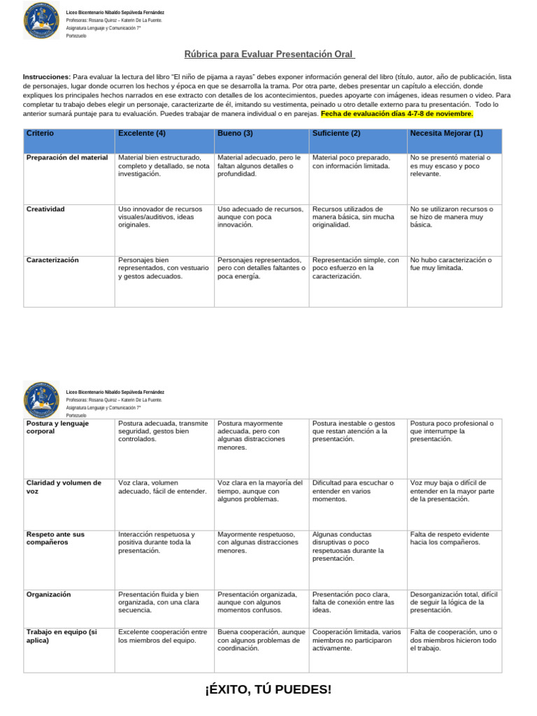 7° Lengua y Lit - Rúbrica para Evaluar Presentación Oral | PDF ...