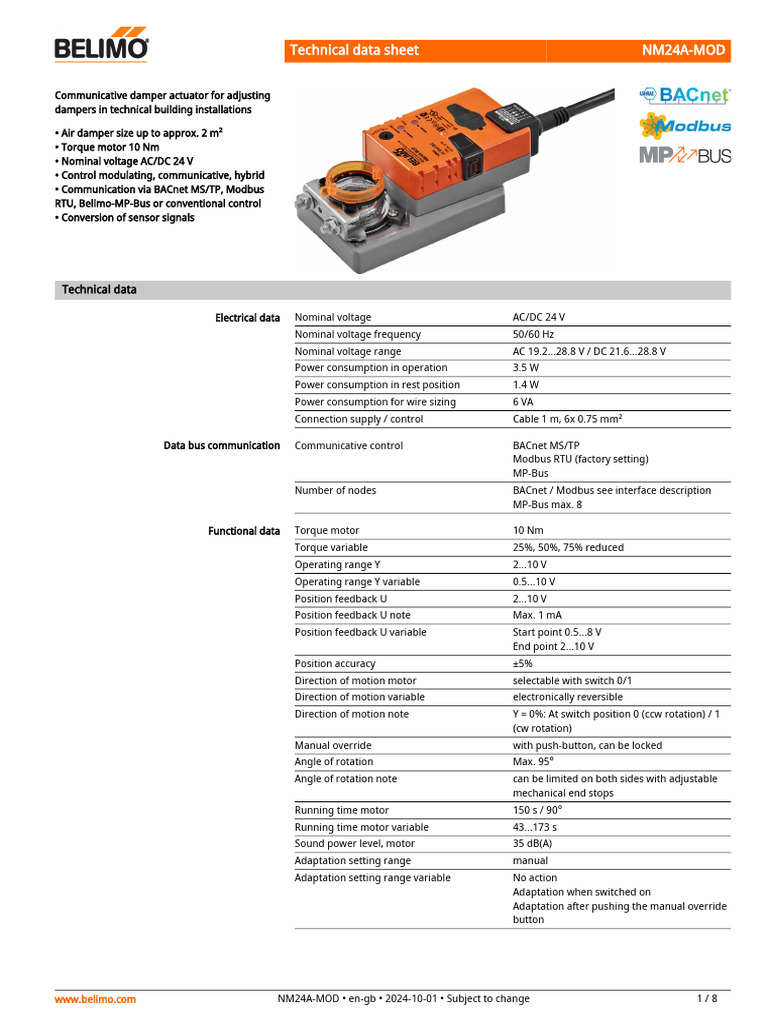 Belimo NM24A-MOD Datasheet En-Gb | PDF | Switch | Electrical Wiring