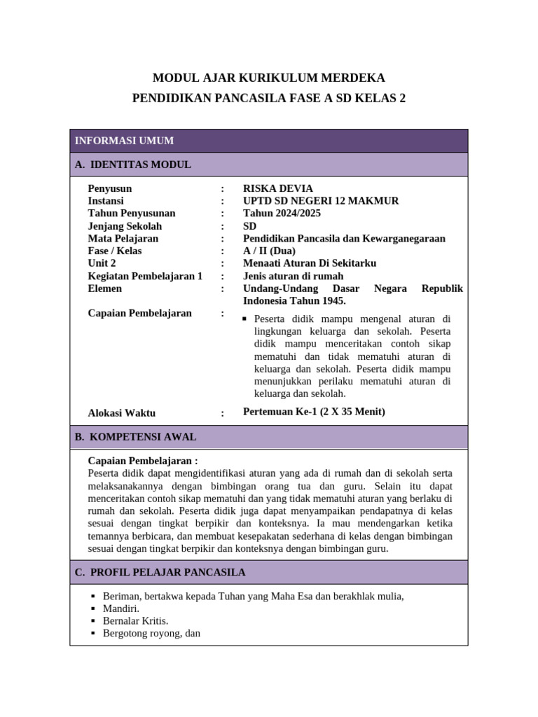 Modul Ajar PKN Buk Riska Devia | PDF