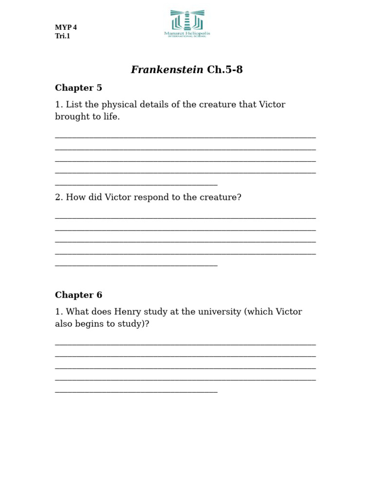 Frankenstein Chapters 5-8 Study Guide | PDF | Frankenstein | Prometheus