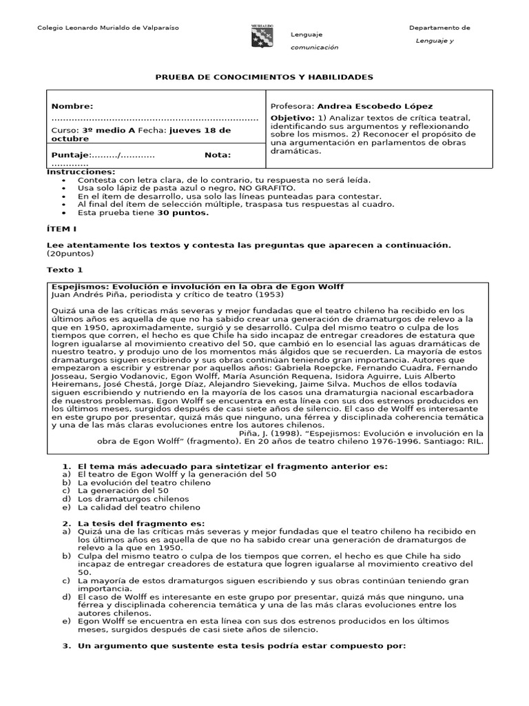 Prueba Argumentación-Drama 3A | PDF | Teatro | Chile