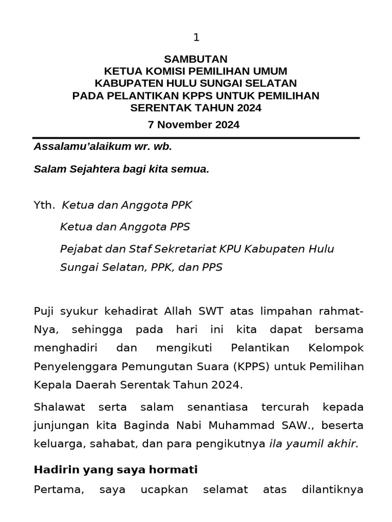 Rev-Sambutan Pelantikan KPPS 2024 | PDF | Olahraga & Rekreasi
