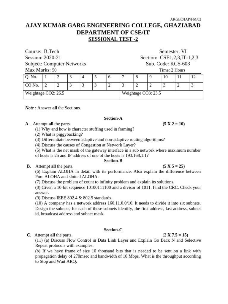 Computer Network KCS-603 ST-2 QP Even 20-21 | PDF | Computer Network ...