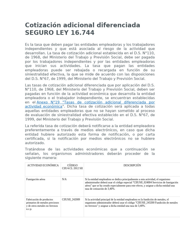 Tasas Adicionales Seguro Ley 16.744 | PDF | Finanzas y dinero
