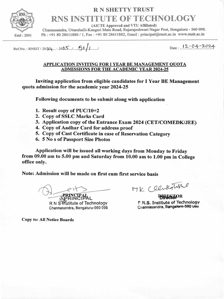 RNSIT Management Quota Admissions | PDF | Engineering