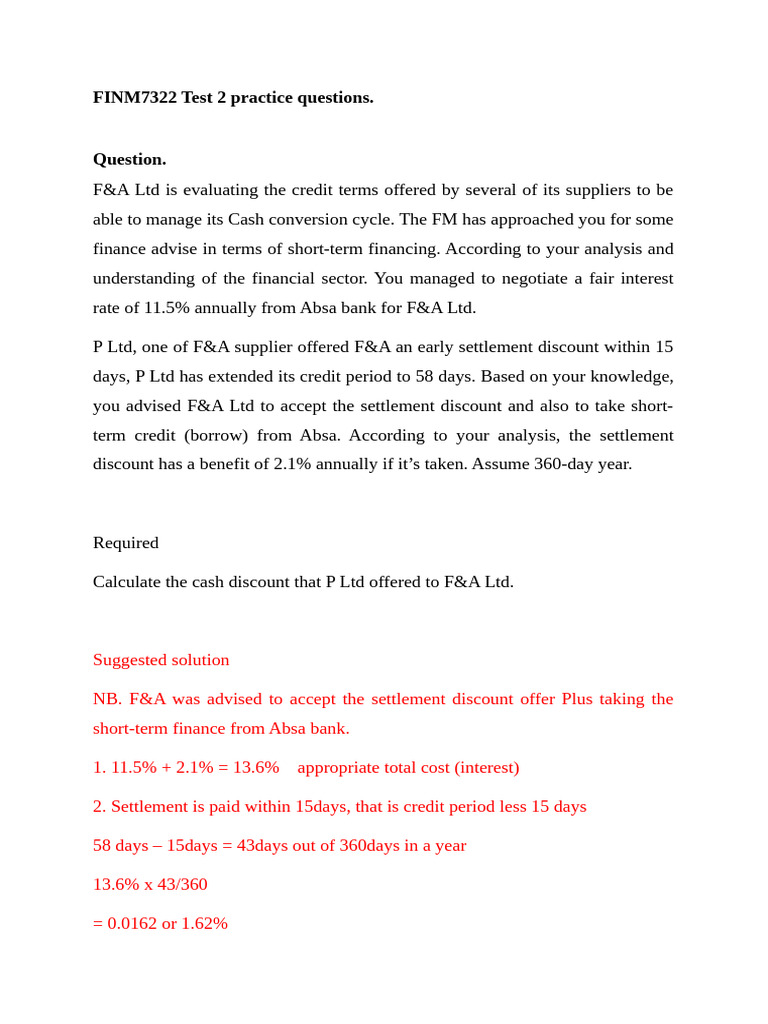 FINM7322 Test 2 Practice Questions Prep For Masterclass | PDF | Finance ...