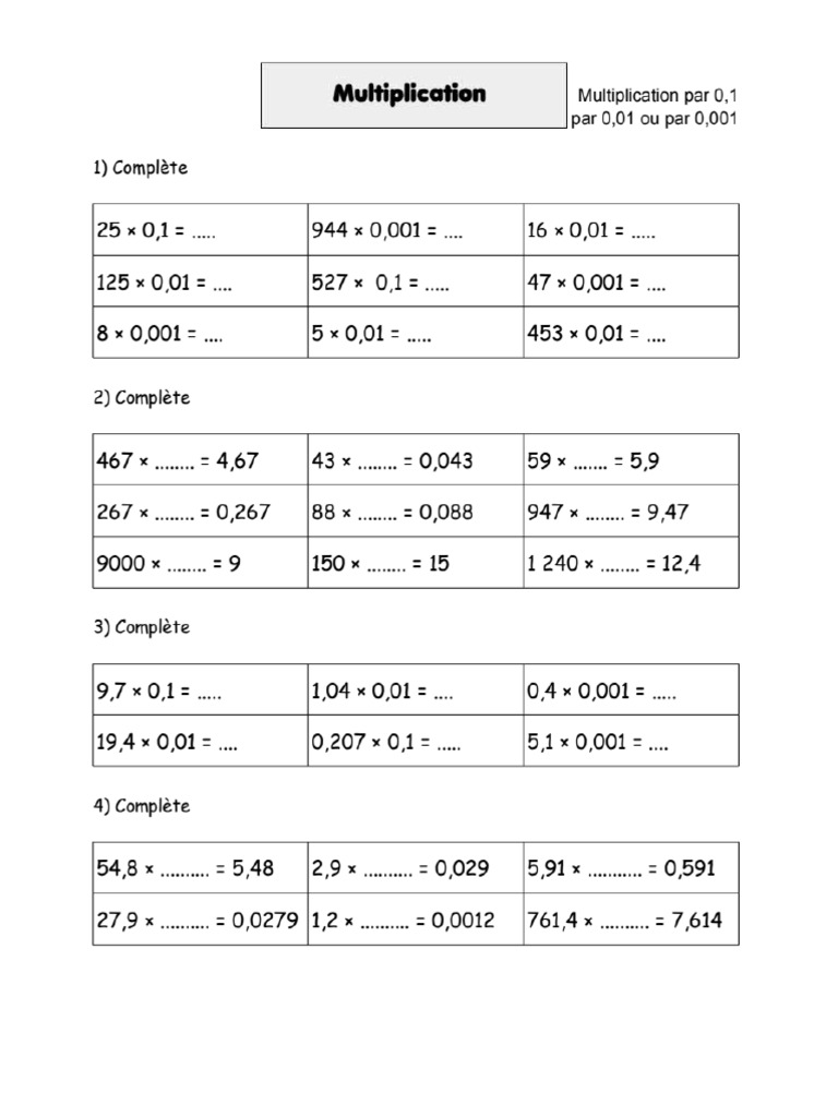 Fiche Calcul Mental (Multiplier Par 0,1) | PDF