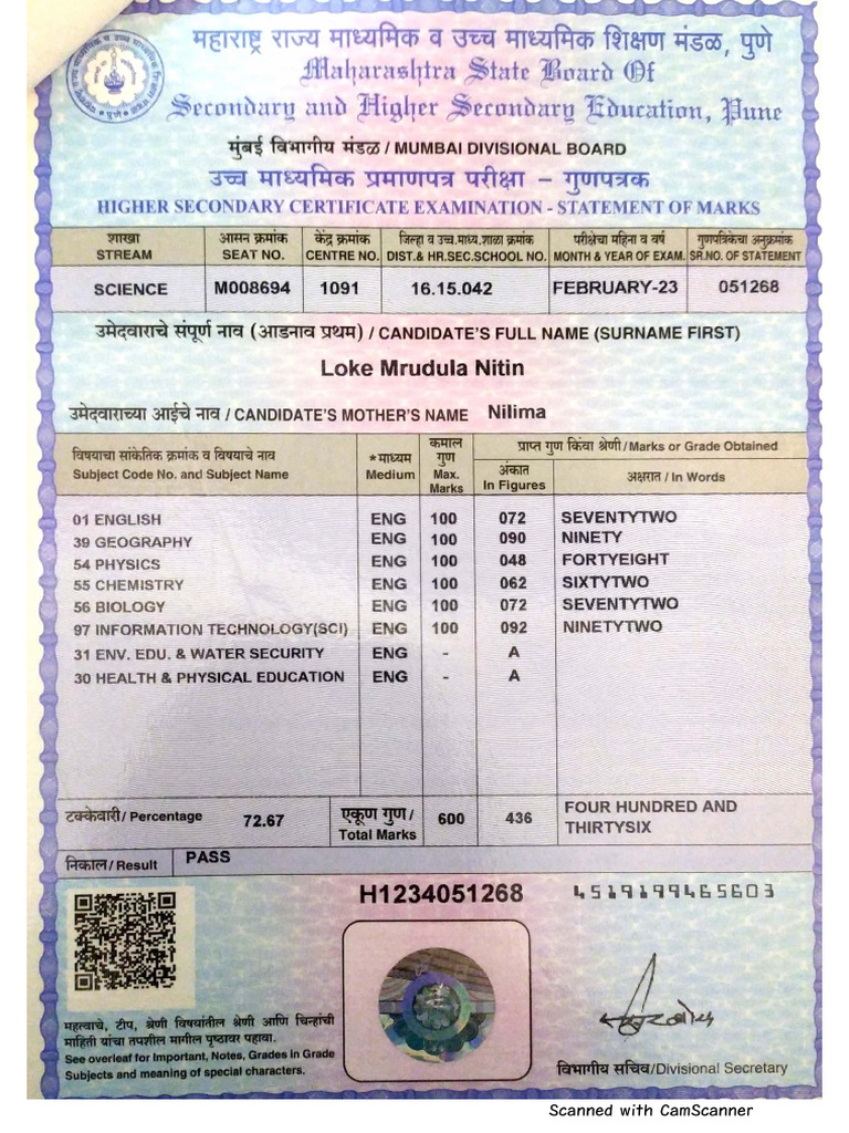12th Marksheet | PDF