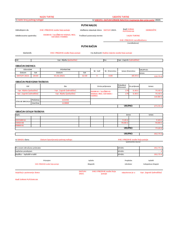Putni Nalog - Primjer 2023. | PDF