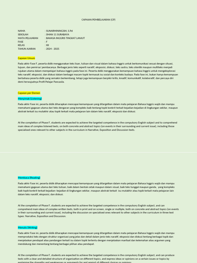 Capaian Pembelajaran | PDF | Karier & Perkembangan | Seni & Disiplin Bahasa
