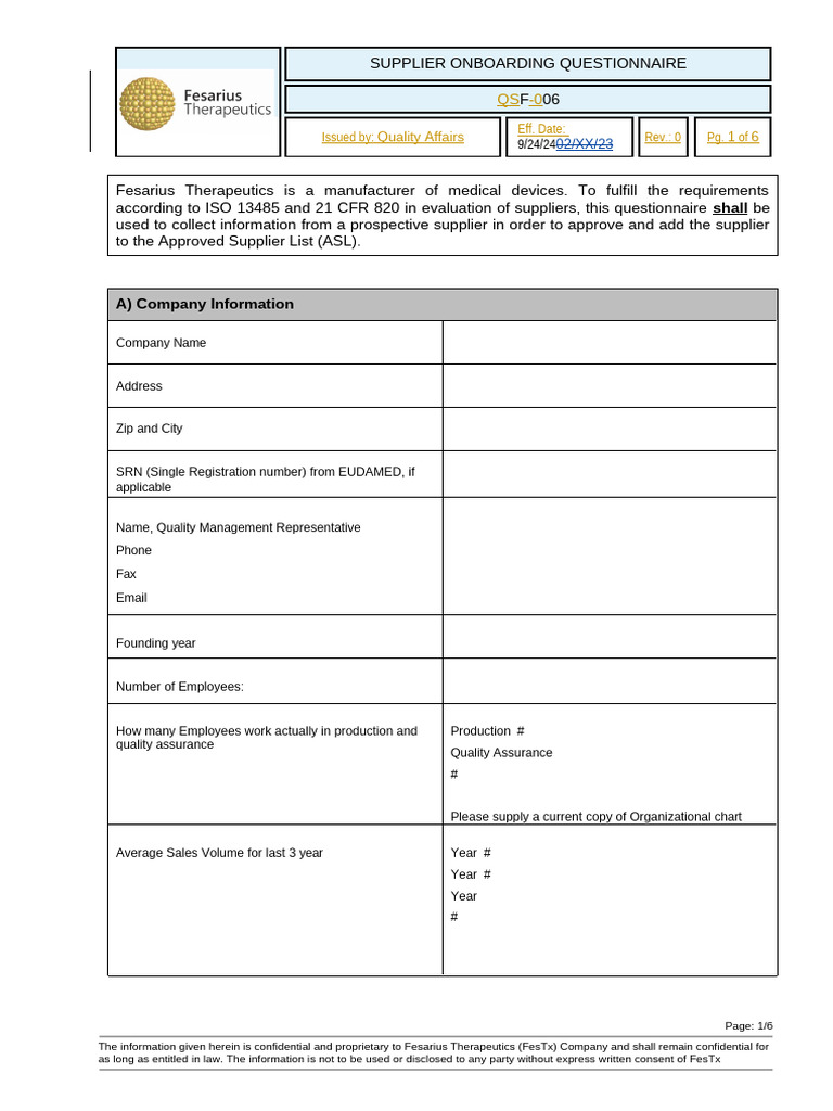 Supplier Onboarding Questionnaire | PDF | Iso 9000 | Business