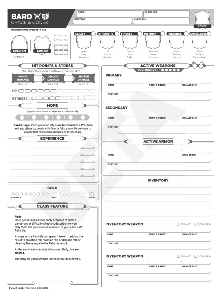 Bard Character Sheet - Daggerheart | PDF