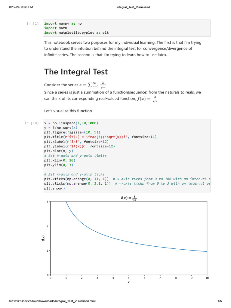 Integral Test For Convergence of Series Explainer | PDF | Histogram | Area