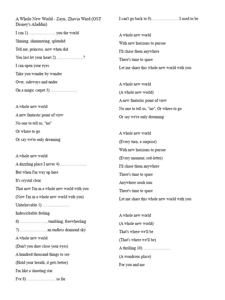 "A Whole New World Lyrics - Aladdin OST" | PDF