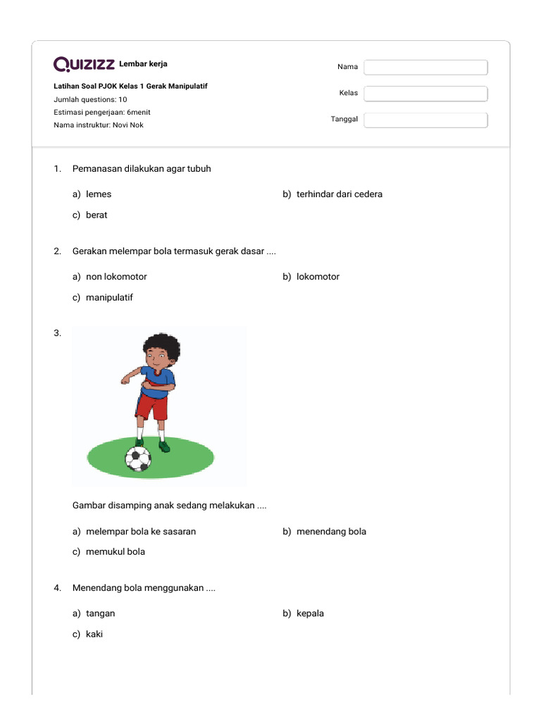 Latihan Soal PJOK Kelas 1 Gerak Manipulatif - Quizizz | PDF