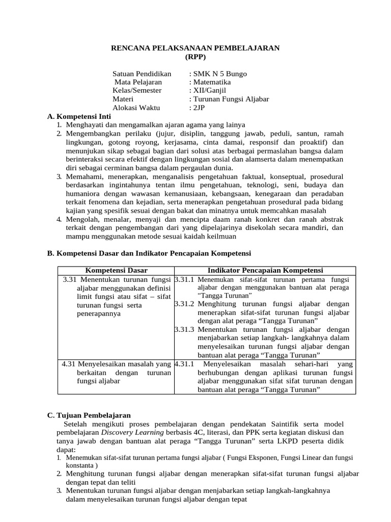 RPP Fix (Turunan-Fungsi-Aljabar) | PDF