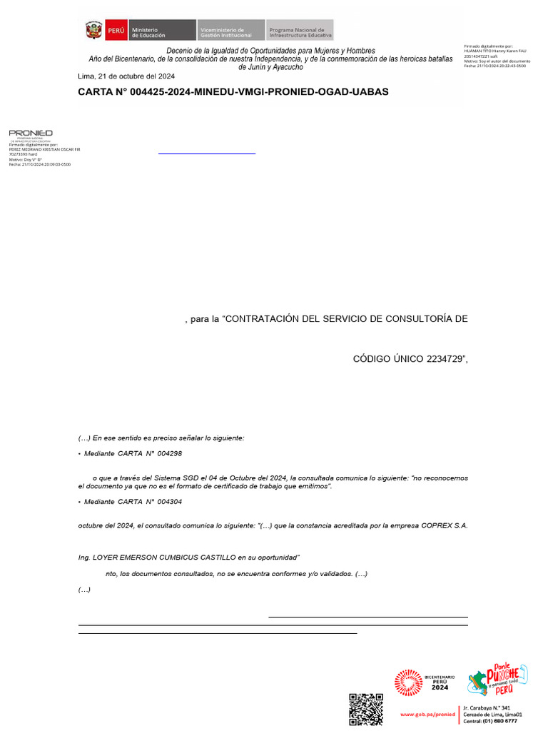 Carta #004425-2024-Minedu-Vmgi-Pronied-Ogad-Uabas | PDF | Gobierno