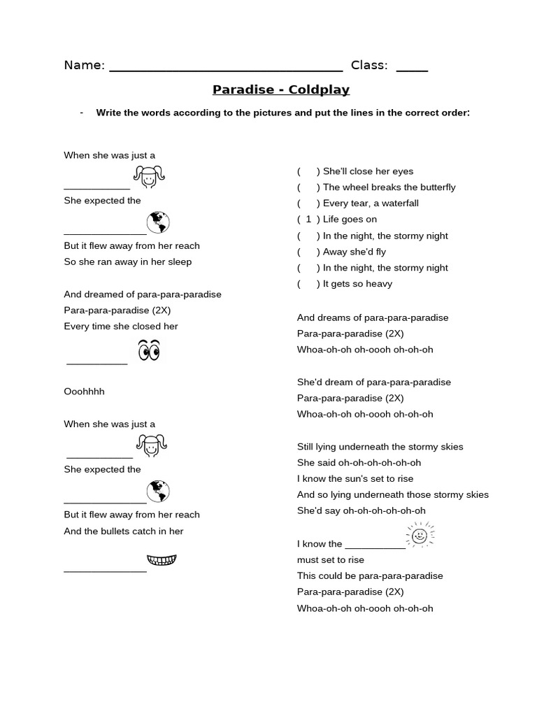 Coldplay Paradise Lyrics Activity | PDF