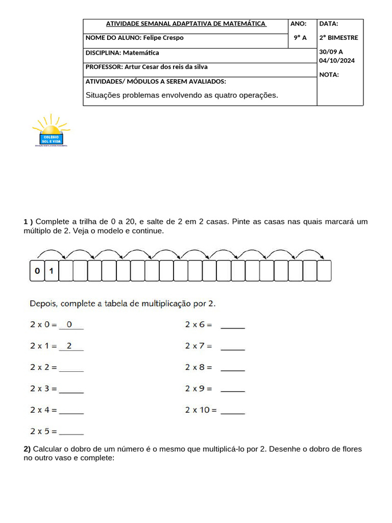 Atividade Adaptada de Matemática Felipe Crespo 9 Ano 30 A 0410 | PDF
