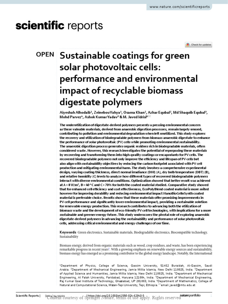 Sustainable Coatings for PV Cells | PDF | Photovoltaics | Solar Cell