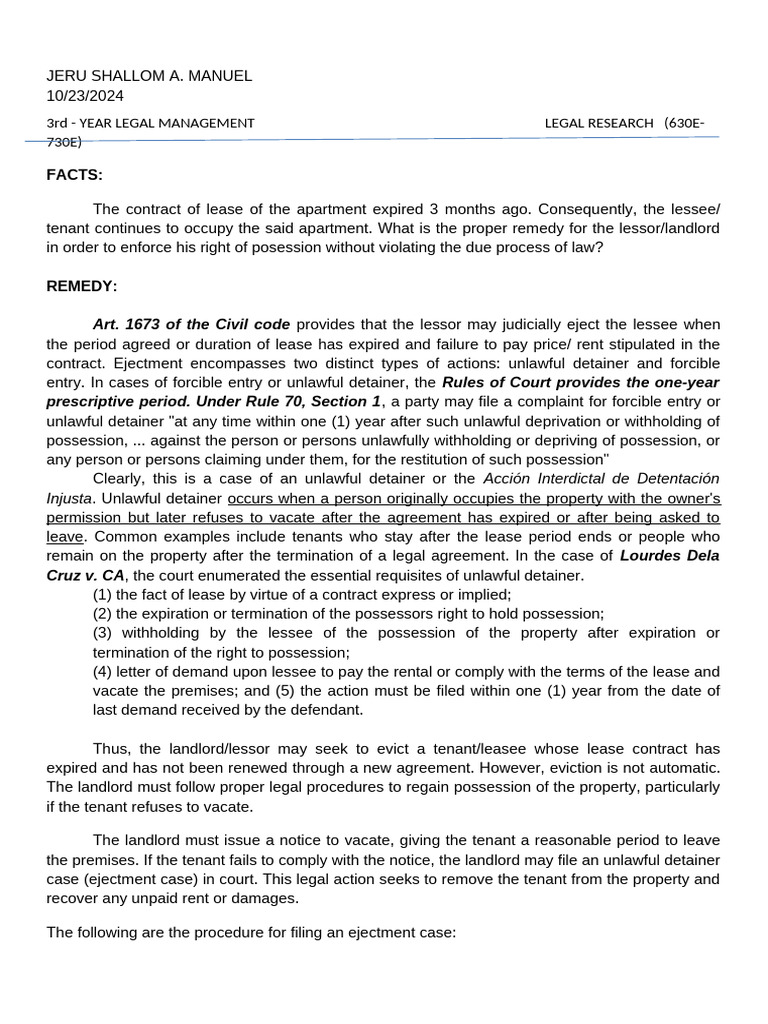 Manuel - Unlawful Detainer | PDF | Lease | Leasehold Estate