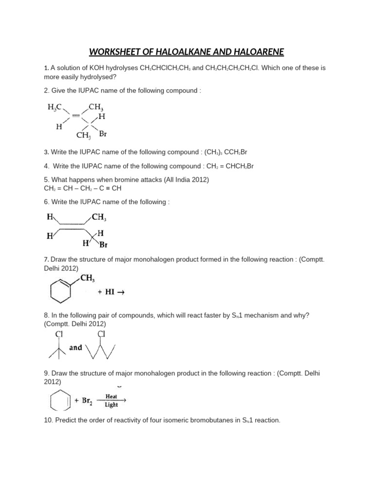 Worksheet of Haloalkane and Haloarene | PDF | Methyl Group | Chemical ...