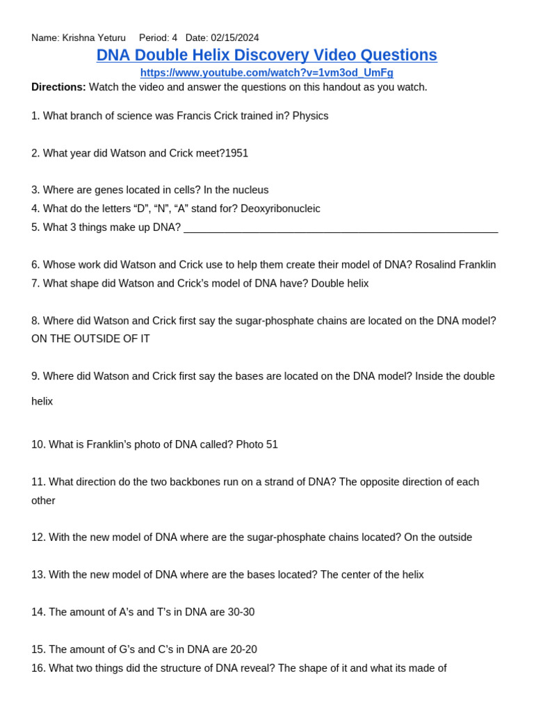 DNA Double Helix Discovery Video Questions | PDF | Science ...