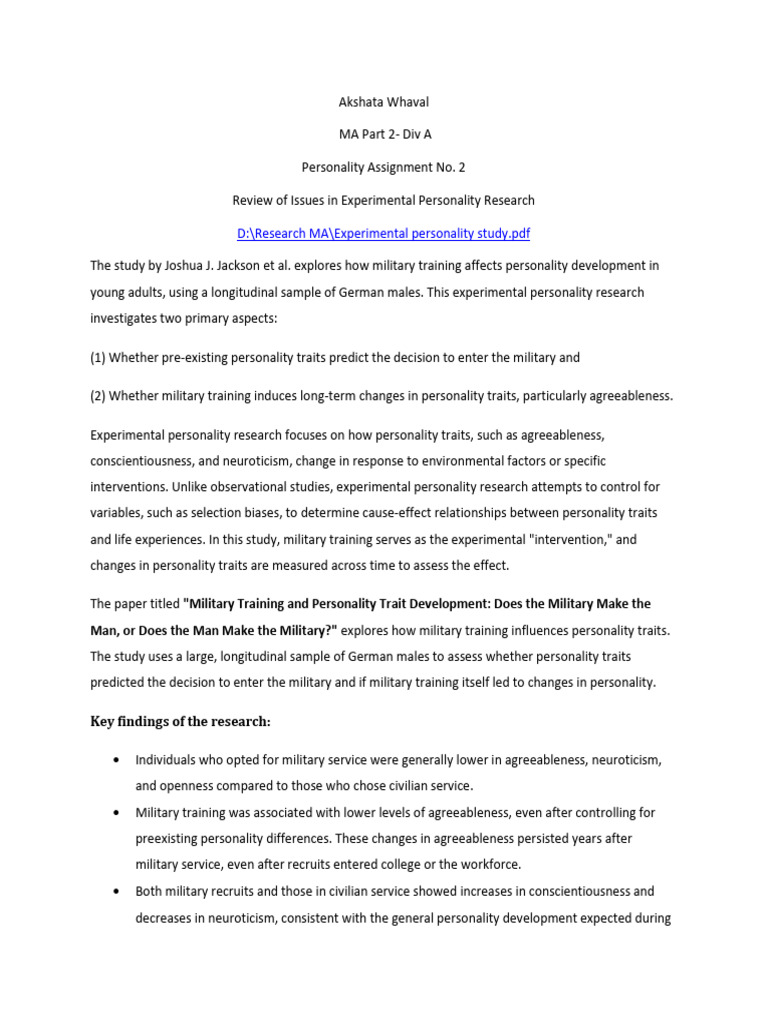 Personality Assignment 2 | PDF | Experiment | Design Of Experiments